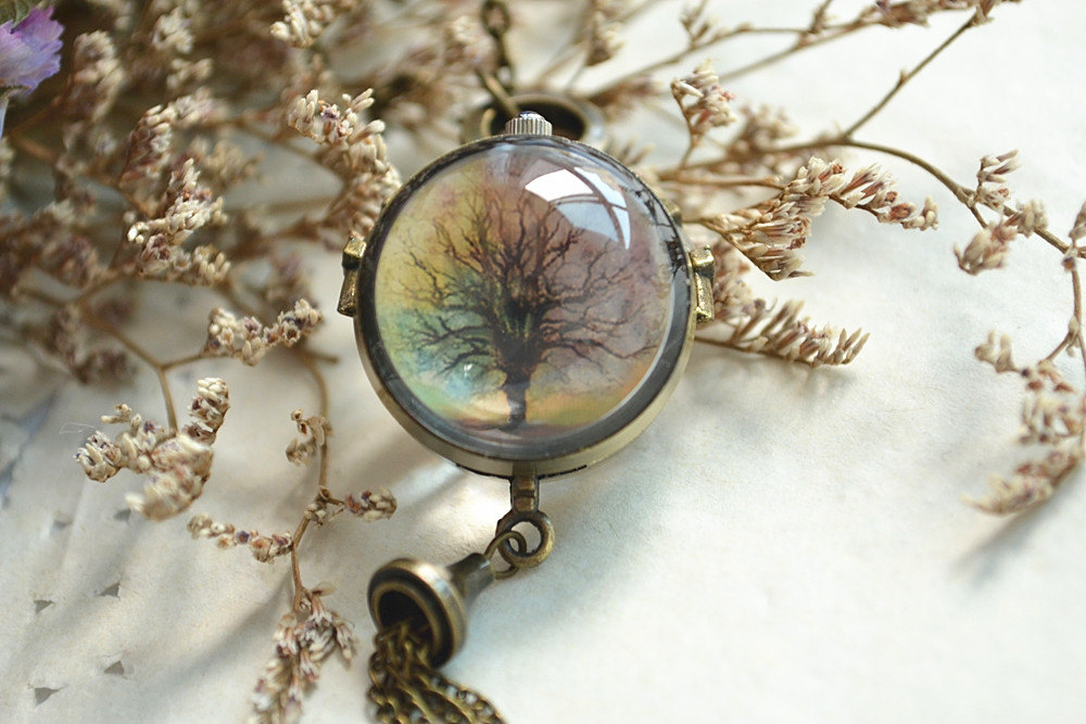 Tree Pocket Watch,colorful Life Tree Pendent Necklace,double Sides Ball ...