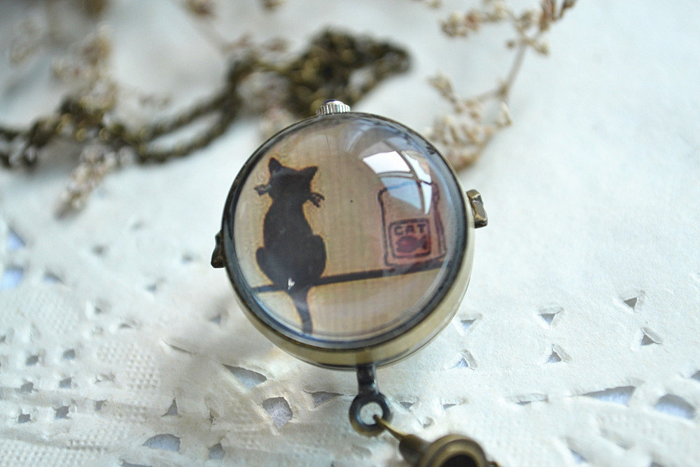 Cat Pocket Watch,black Cat With Food Fish Pendent Necklace,double Sides ...