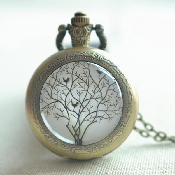 Tree Pocket Watch Necklace,birds On Tree Picture Pendant Necklace ...