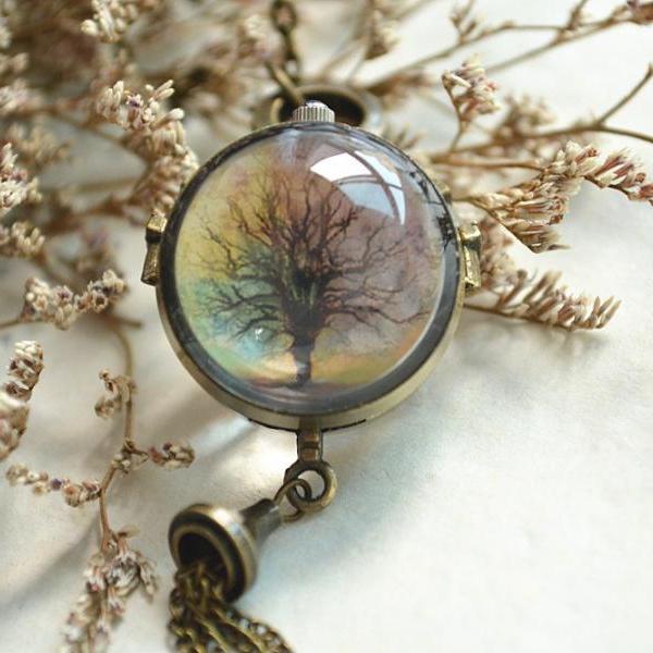 Tree Pocket Watch,colorful Life Tree Pendent Necklace,double Sides Ball ...