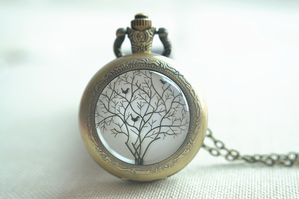 Tree Pocket Watch Necklace,birds On Tree Picture Pendant Necklace ...
