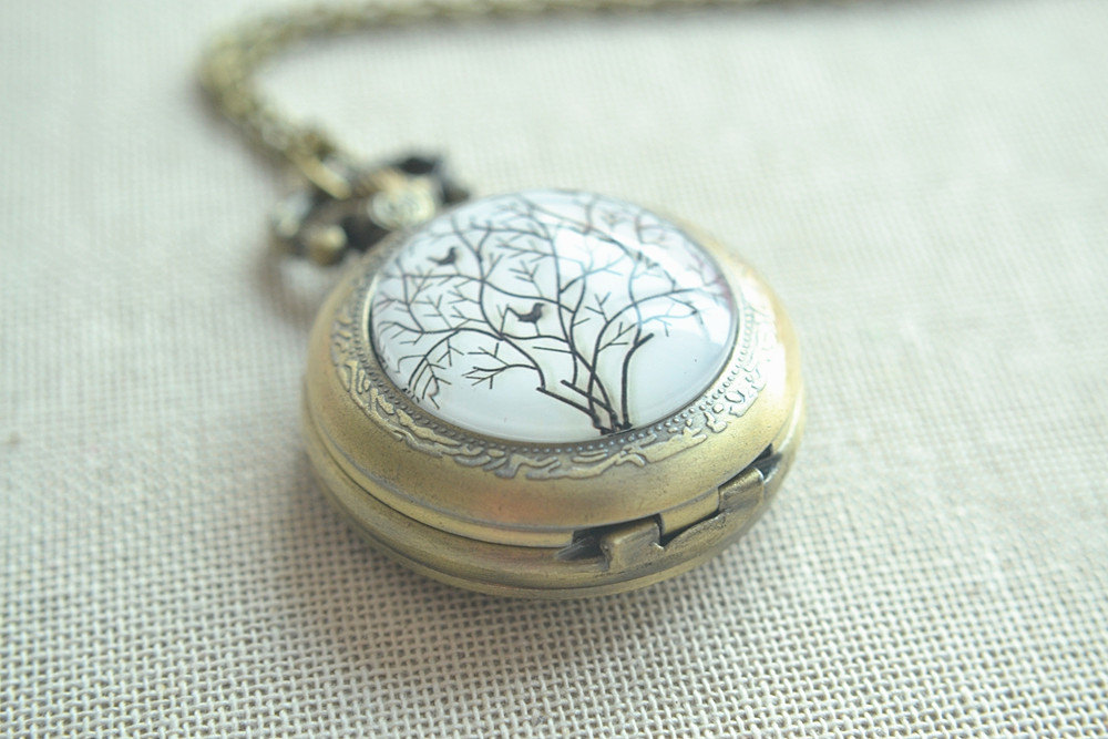 Tree Pocket Watch Necklace,birds On Tree Picture Pendant Necklace ...