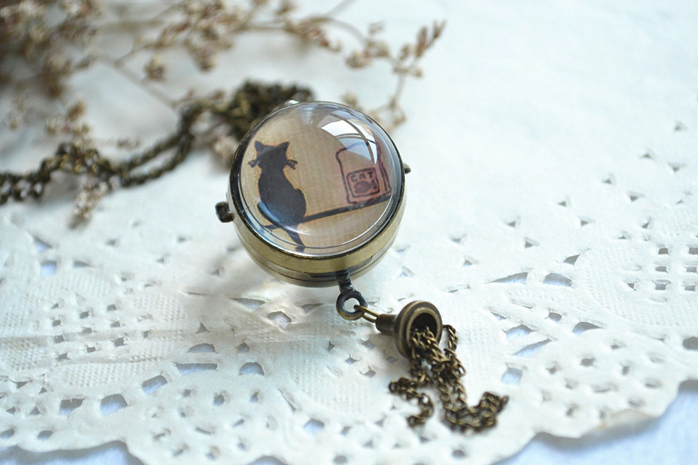 Cat Pocket Watch,Black Cat With Food Fish Pendent Necklace,Double Sides ...